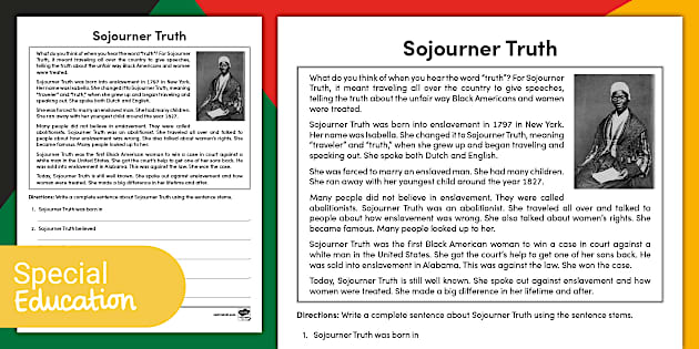 Sojourner Truth Writing Worksheet With Sentence Stems