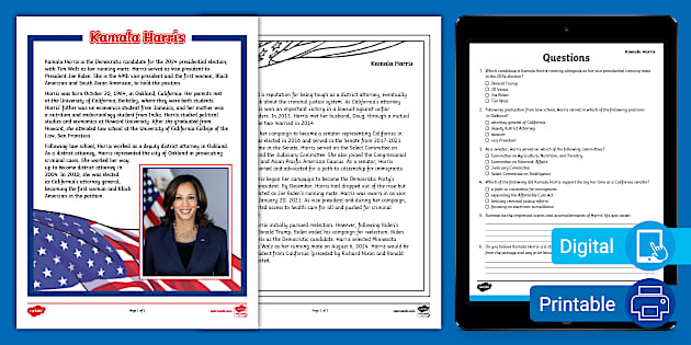 Seventh Grade Kamala Harris Reading Comprehension Activity
