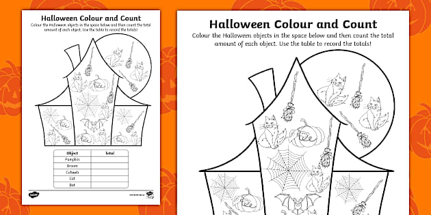 Halloween Colour and Count Worksheet (teacher made) - Twinkl