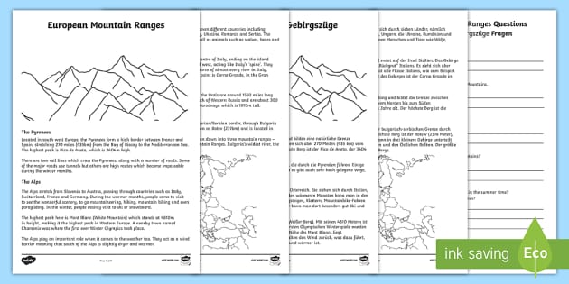 European Mountain Ranges Reading Comprehension Activity English/German