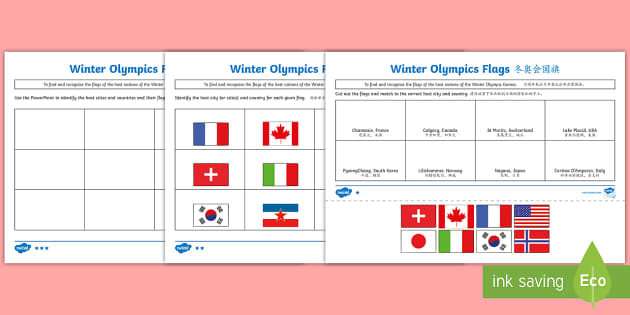Winter Olympics Host Nation Flags Worksheet English/Mandarin Chinese