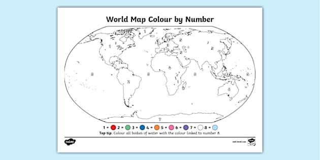 World Map Colour-by-Number Activity | Geography | Twinkl KS1