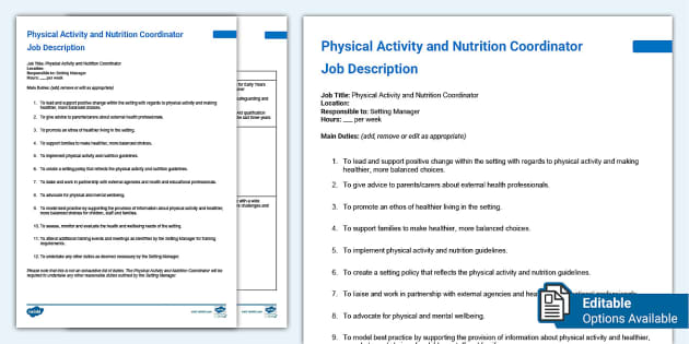 Physical Activity and Nutrition Coordinator Job Description and Person