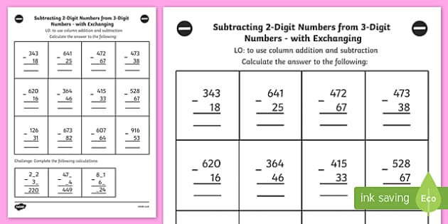 Subtracting 2 Digit Numbers from 3 Digit Numbers in a Column with ...