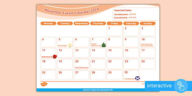 Interactive: November Events First Level Teacher Calendar