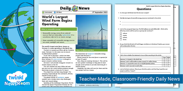 World's Largest Wind Farm - Daily NewsRoom Article (ages 9-11)