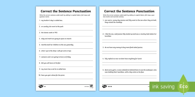 Correct the Sentence Punctuation Worksheets