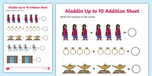 Aladdin Up to 10 Addition Sheet (professor feito) - Twinkl