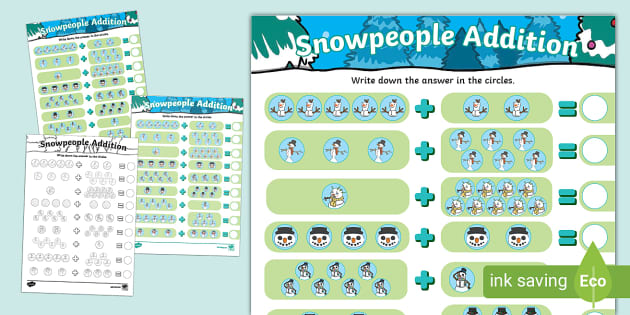 👉 Snowpeople Addition Worksheet (teacher made) - Twinkl