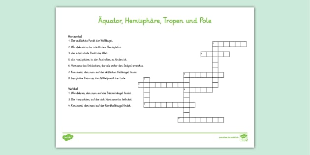 Kreuzworträtsel: Äquator, Hemisphäre, Tropen und Pole - Arbeitsblatt Kreuzworträtsel: Äquator, Hemisphäre, Tropen und Pole - Arbeitsblatt
