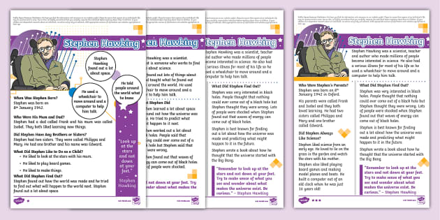 KS1 Stephen Hawking Differentiated Reading Comprehension Activity
