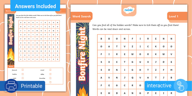Bonfire Night Word Search - Level 1 - Twinkl - Kids Puzzles