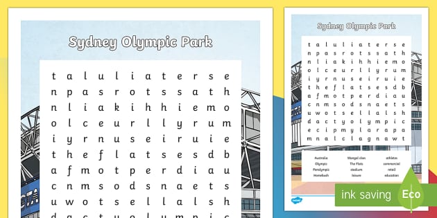Sydney Olympic Park Word Search-Australia (teacher made)
