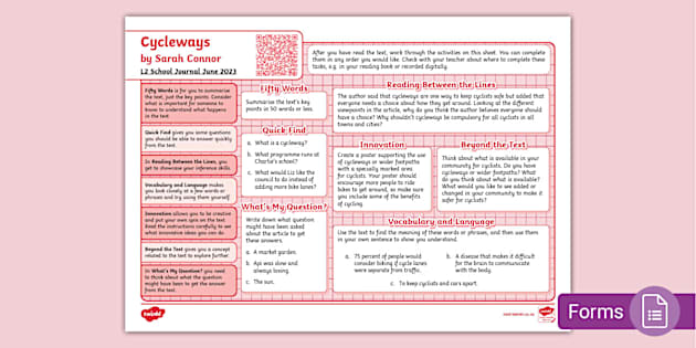 Level 2 June 2023 School Journal: Cycleways Article Follow-Up