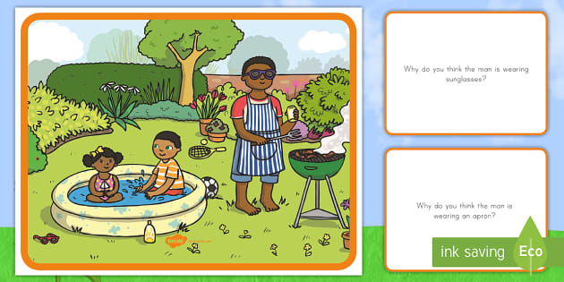 Summer Barbecue Scene and Question Cards | Comprehension