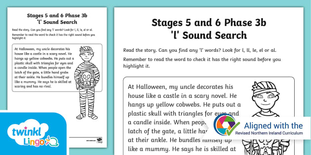 Northern Ireland Linguistic Phonics 3b 'l' Sound Search Worksheet