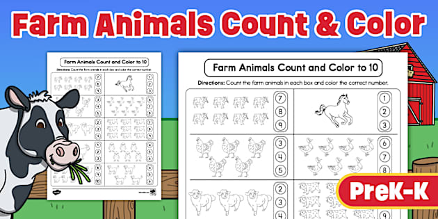 Farm Animals Count and Color to 10 Worksheet for PreK-K