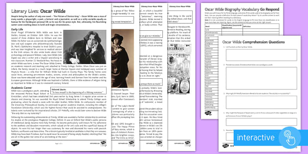 Biography of Oscar Wilde Differentiated Reading Comprehension Activity