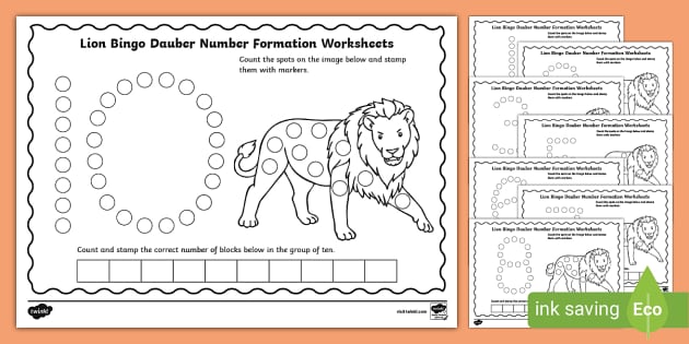 Free Lion Bingo Dauber Number Formation Worksheets for Kids!