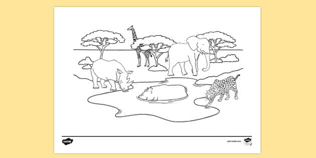 FREE! - African Watering Hole with Animals Colouring Sheet