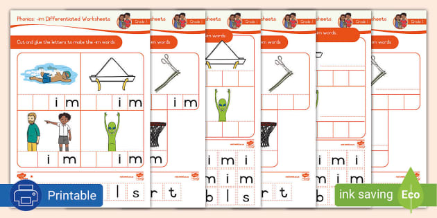 Grade 1 Phonics: -im Differentiated Worksheets - Twinkl