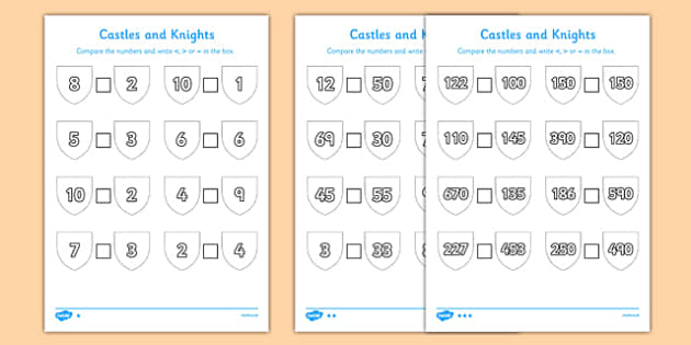 Castles and Knights Number Comparison Differentiated Worksheet / Worksheet