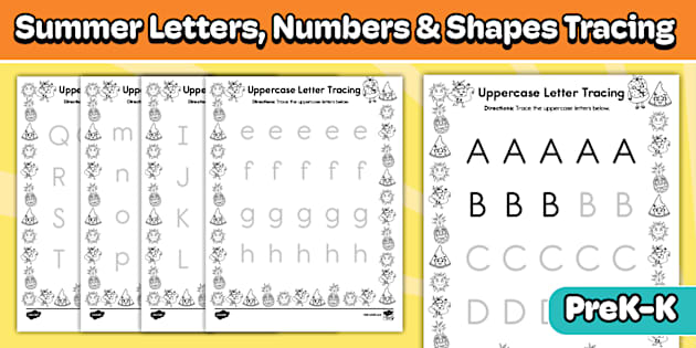 Summer Letters, Numbers, and Shapes Tracing Worksheets