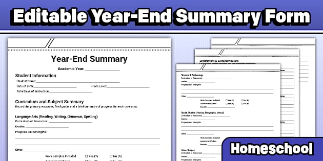 Editable Year-End Summary Form for Homeschool | Parent/Carer