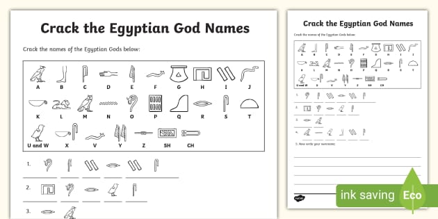 Crack the Hieroglyphs Egyptian God Names Activity - Twinkl