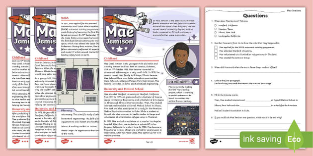 UKS2 Mae Jemison Differentiated Comprehension Activity