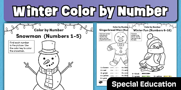 Winter Color by Number Worksheets for Special Education