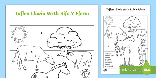 Farm-Themed Welsh Colour by Numbers (Teacher Made) - Twinkl
