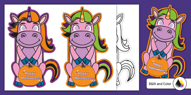 Halloween Unicorn Treat Holder Cards for K-2nd Grade