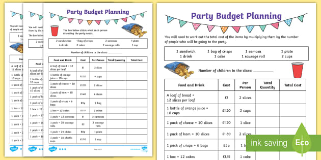 LKS2 Party Budget Planning Differentiated Worksheet Worksheets