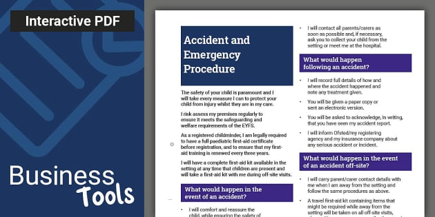 Accident and Emergency Policy Childminders | Twinkl - Twinkl