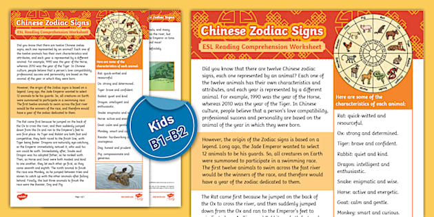 ESL Chinese Zodiac Signs Reading Comprehension Worksheet [Kids, B1-B2]