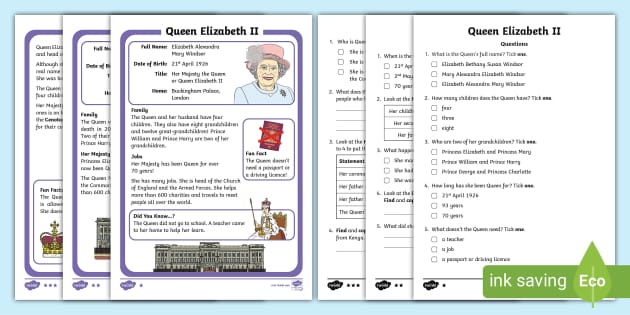 KS1 Queen Elizabeth II Differentiated Reading Comprehension Activity