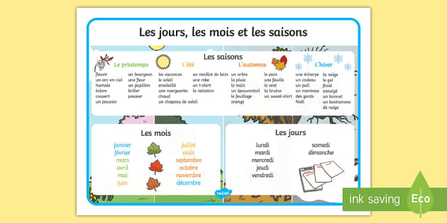 French Seasons and Months | Seasons, Months, Days Word Mat