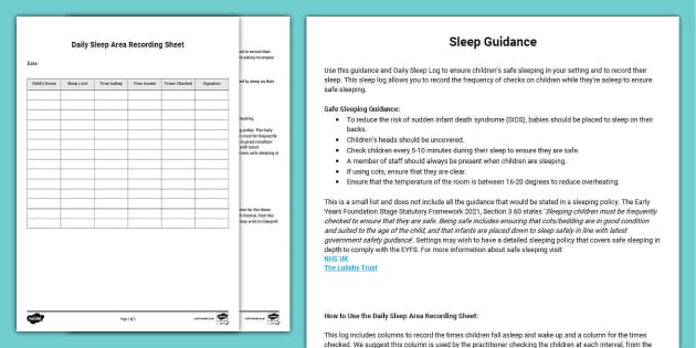 Kindergarten Setting Sleep Area Recording Sheet | Twinkl