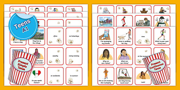 ESL Grammar Popcorn Sorting Game: Present Simple and Continuous [Teens, A1]