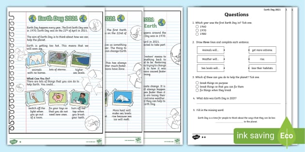 KS1 Earth Day 2021: Restore Our Earth Differentiated Reading Comprehension