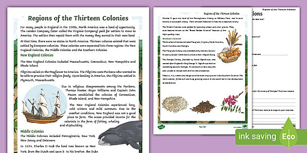 Regions of the 13 Colonies Reading Comprehension - Twinkl