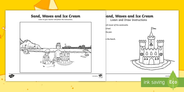 Sand, Waves and Ice Cream Listen and Draw Worksheet