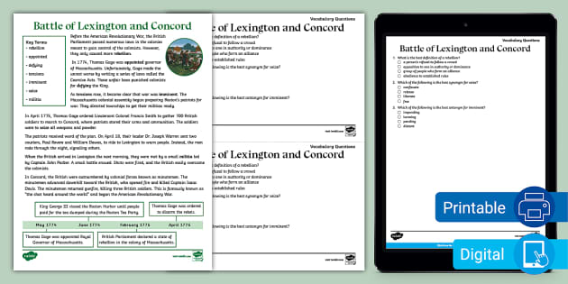 Seventh Grade Battle of Lexington and Concord Fact File and Vocabulary