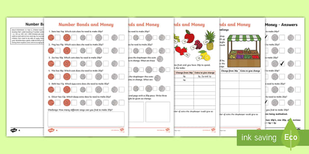 Year 2 Maths Number Bonds and Money Homework Worksheet / Worksheet