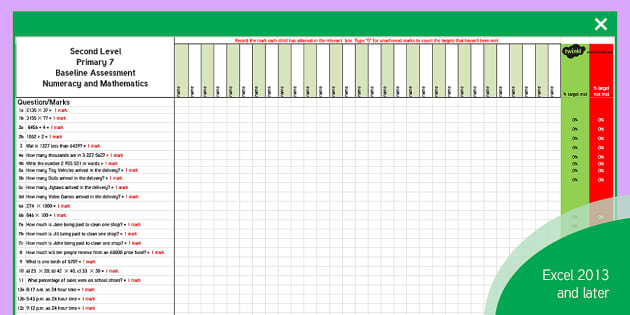 * NEW * Second Level (P7) Baseline Maths Analysis Assessment Spreadsheet