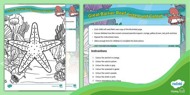 Great Barrier Reef Listen and Colour (teacher made) - Twinkl