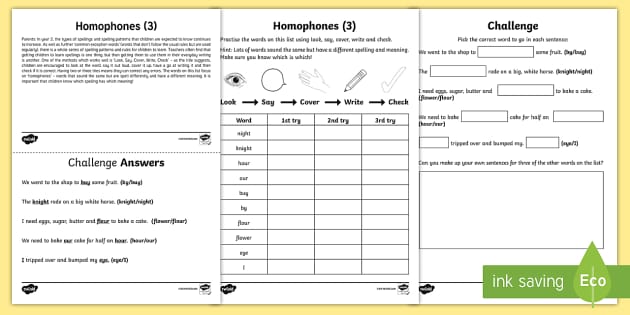 Year 2 Spelling Practice Homophones (3) Worksheet - Twinkl