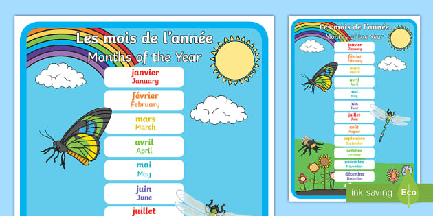 Months of the year Display Poster - French/English - Twinkl
