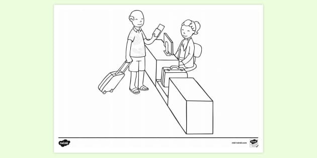 Man Checking in at Desk Colouring Sheet | Colouring Sheets